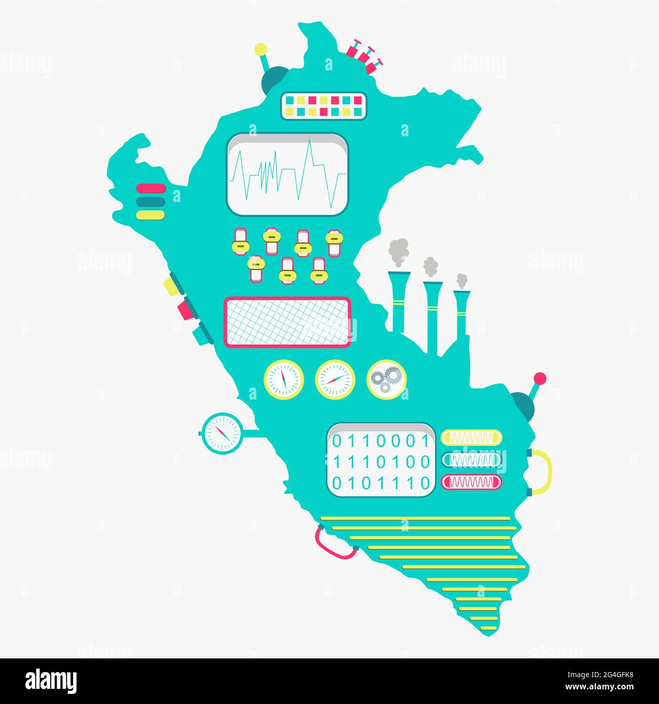 Map of Peru like a cute machine with buttons, panels and levers ...