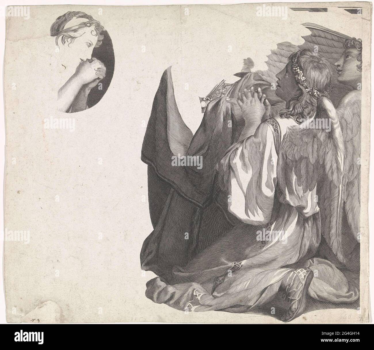 . Two angels in worship to the left. On the left the turn of an angel ...