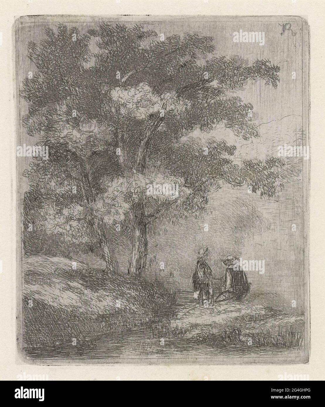 . In a tree-gravior landscape with streams, two men are talking under a ...