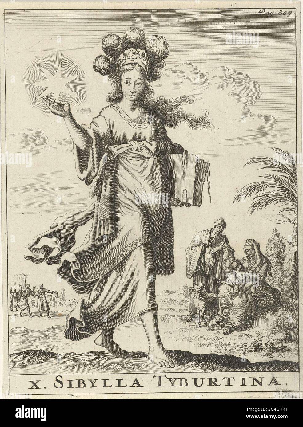 . Tiburtine Sibille. In the background the Holy Family. Print at the ...