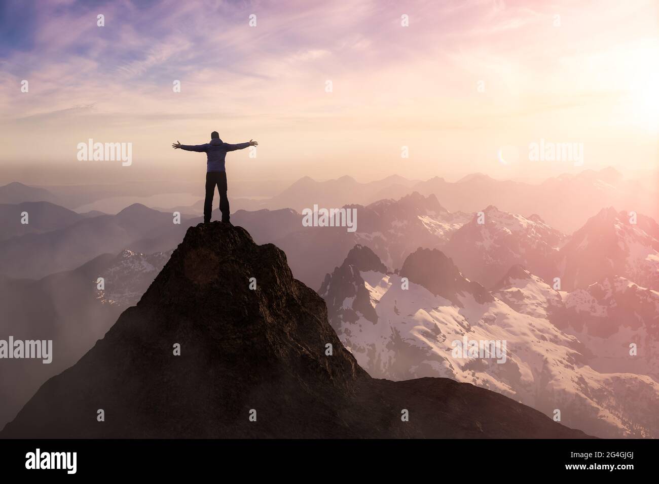 Adventure Composite. Adventurous Man with Open Hands Stock Photo - Alamy