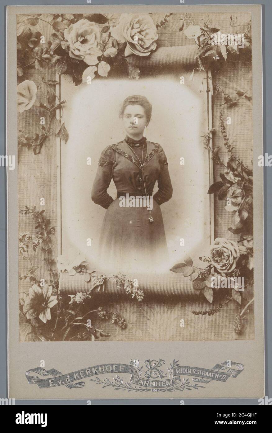 Portrait of an unknown woman in a picture frame with roses Stock Photo ...
