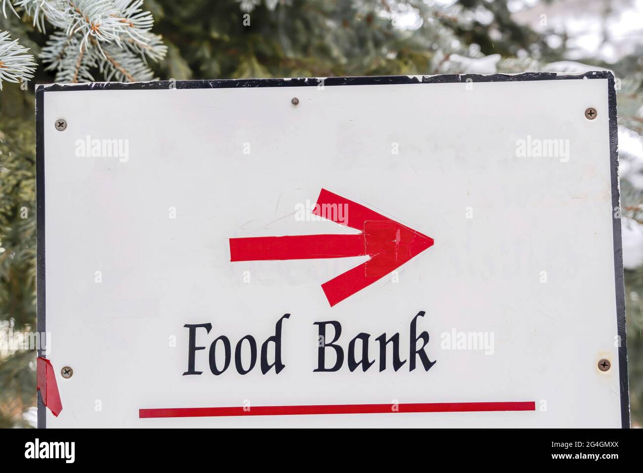 Food Bank sign with an arrow on the forest Stock Photo - Alamy