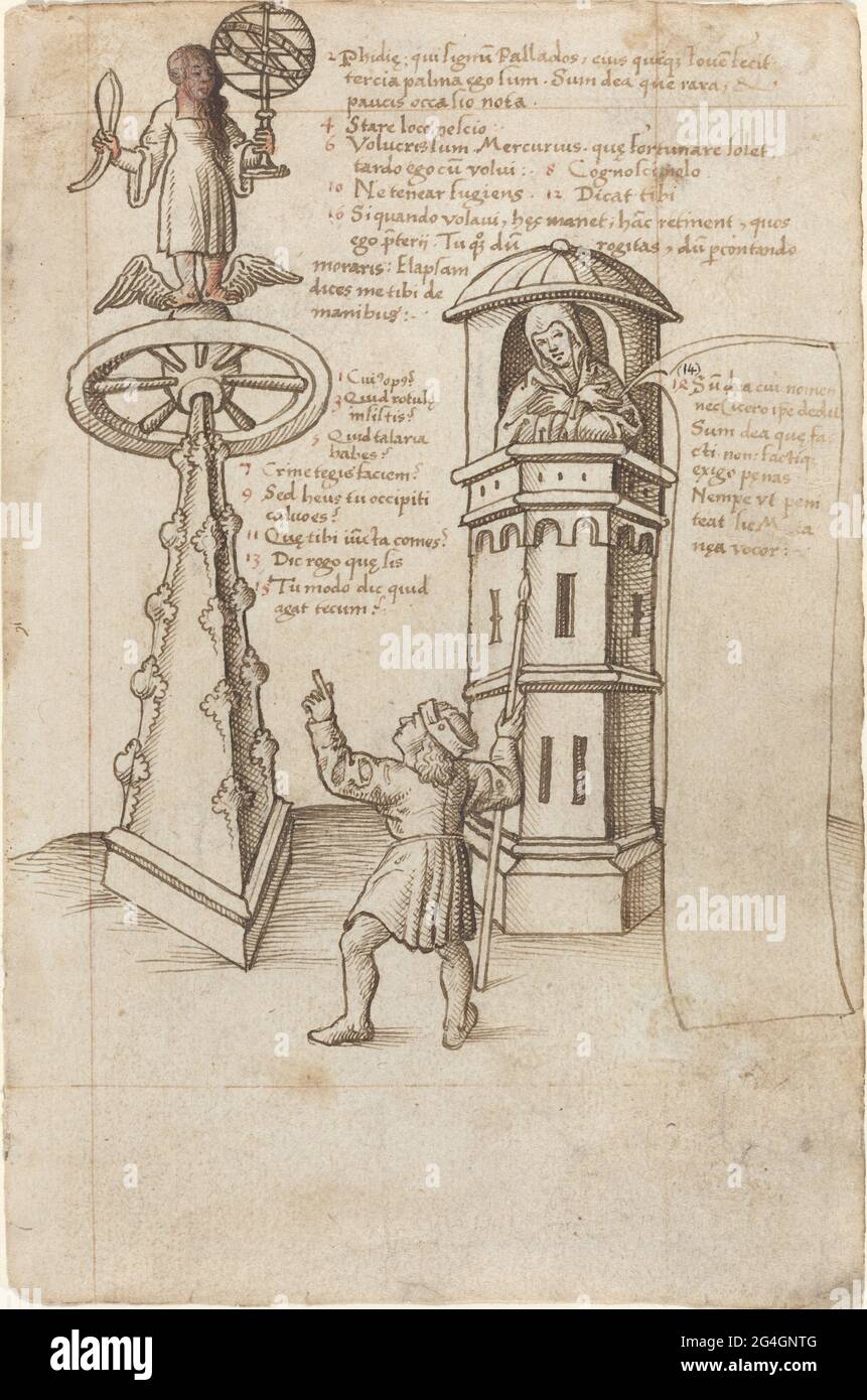 The Statue of Opportunity, a Passer-by, and Remorse [fol. 8r], c. 1512/ ...