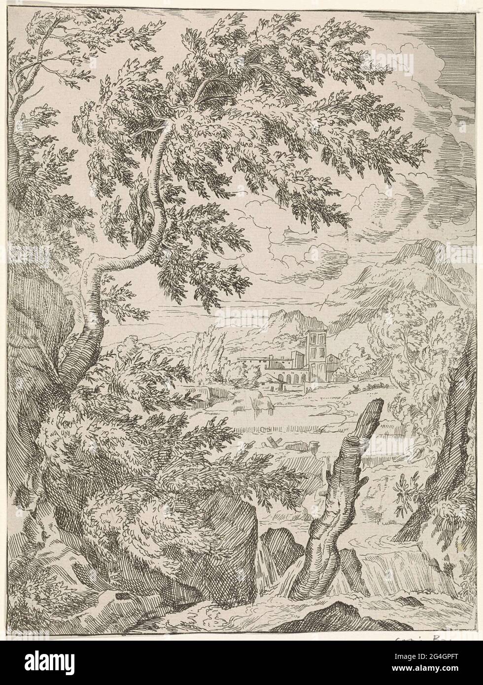 . A river flows into a small waterfall. With a tree stump in the middle ...