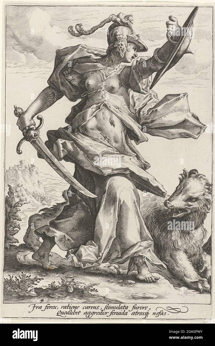 . The personalized anger; A women's figure with helmet, shield and ...