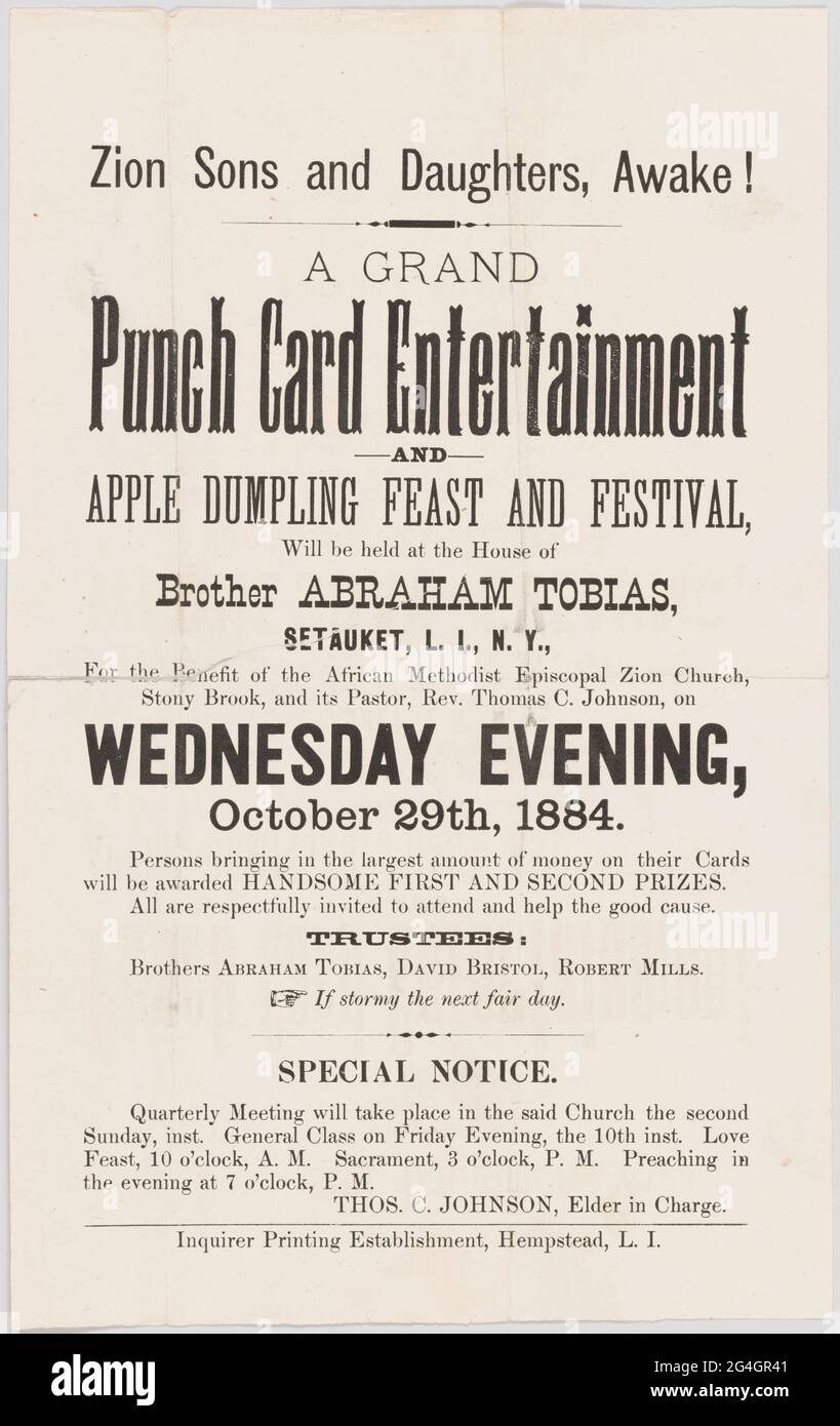 Handbill advertising a benefit event for A.M.E. Zion Church Stony Brook ...