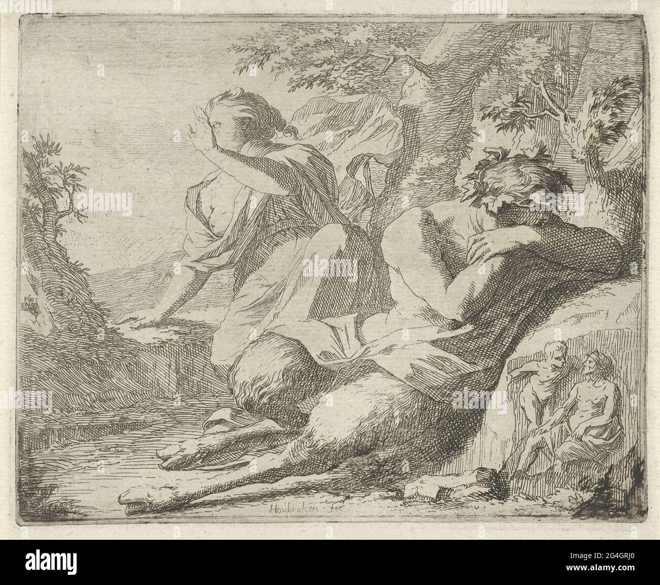 . A Sater and a woman's figure in a landscape cover the eyes against ...