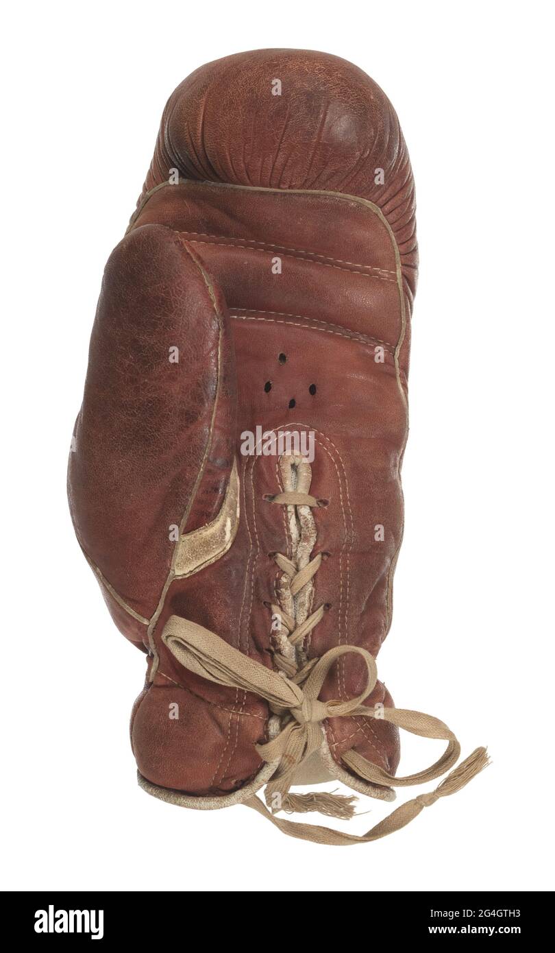 Burgundy leather left handed boxing glove with tan cotton tie. A white ...