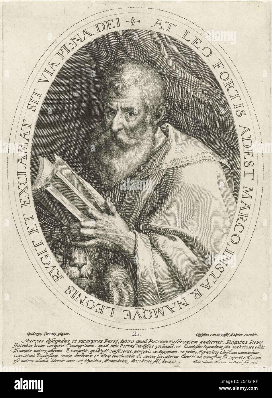 . Bust of the Evangelist Marcus, a opened book in his hands. In ...