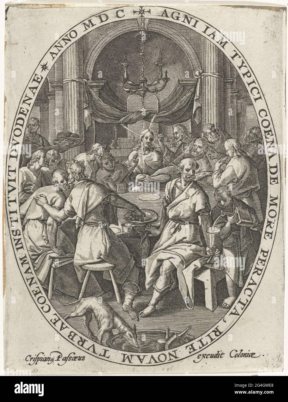 . Christ and his students sit around a table. Christ holds the bread ...