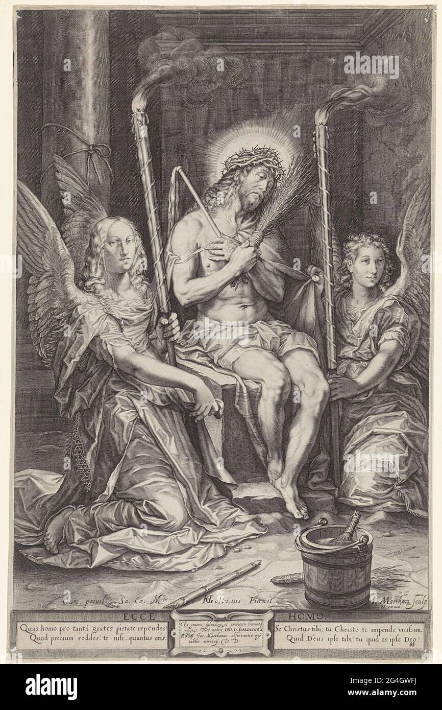 . Christ sitting on the cold stone, flanked by two kneeling angels with ...