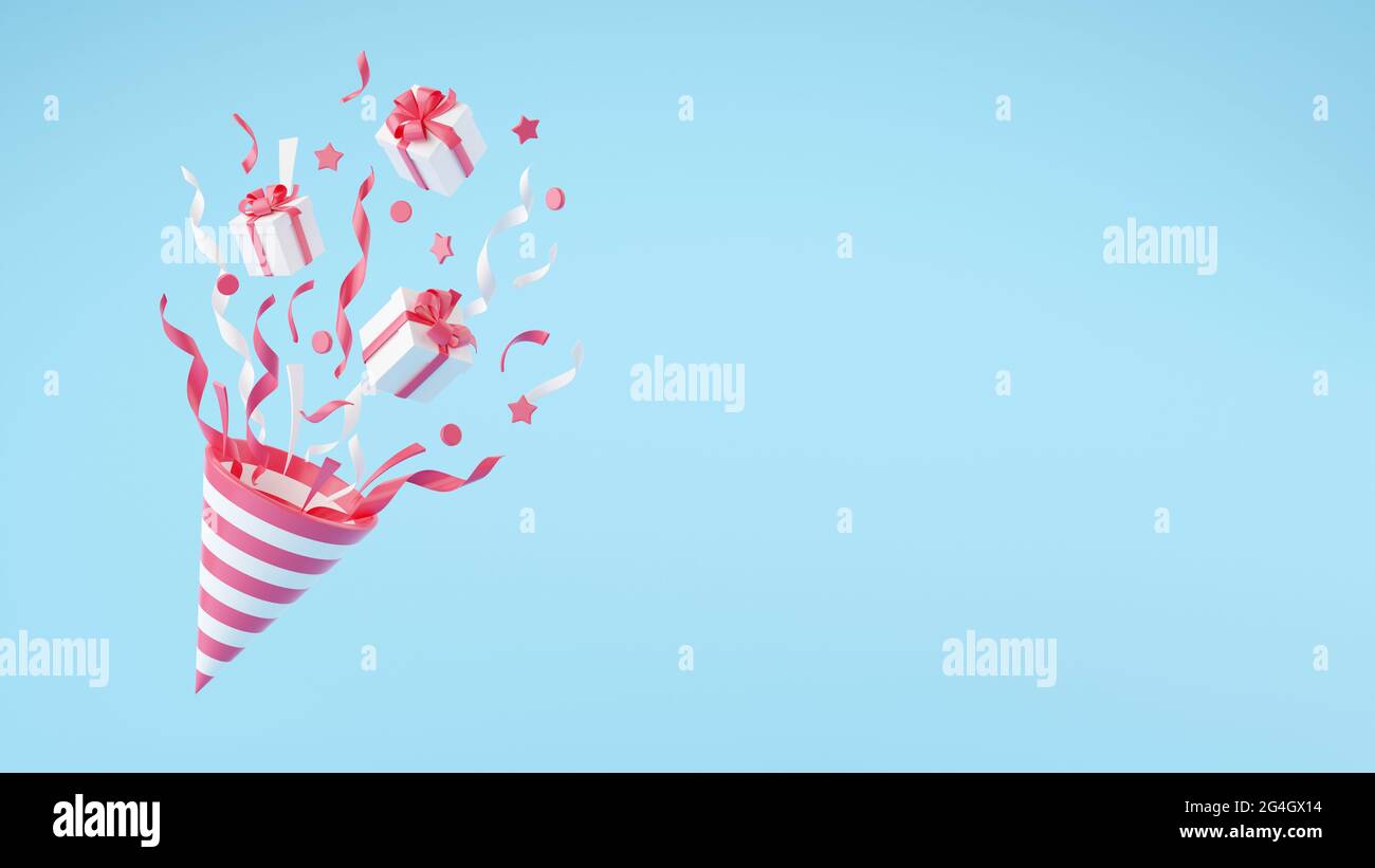 Party popper with flying confetti and gift boxes 3d render illustration ...