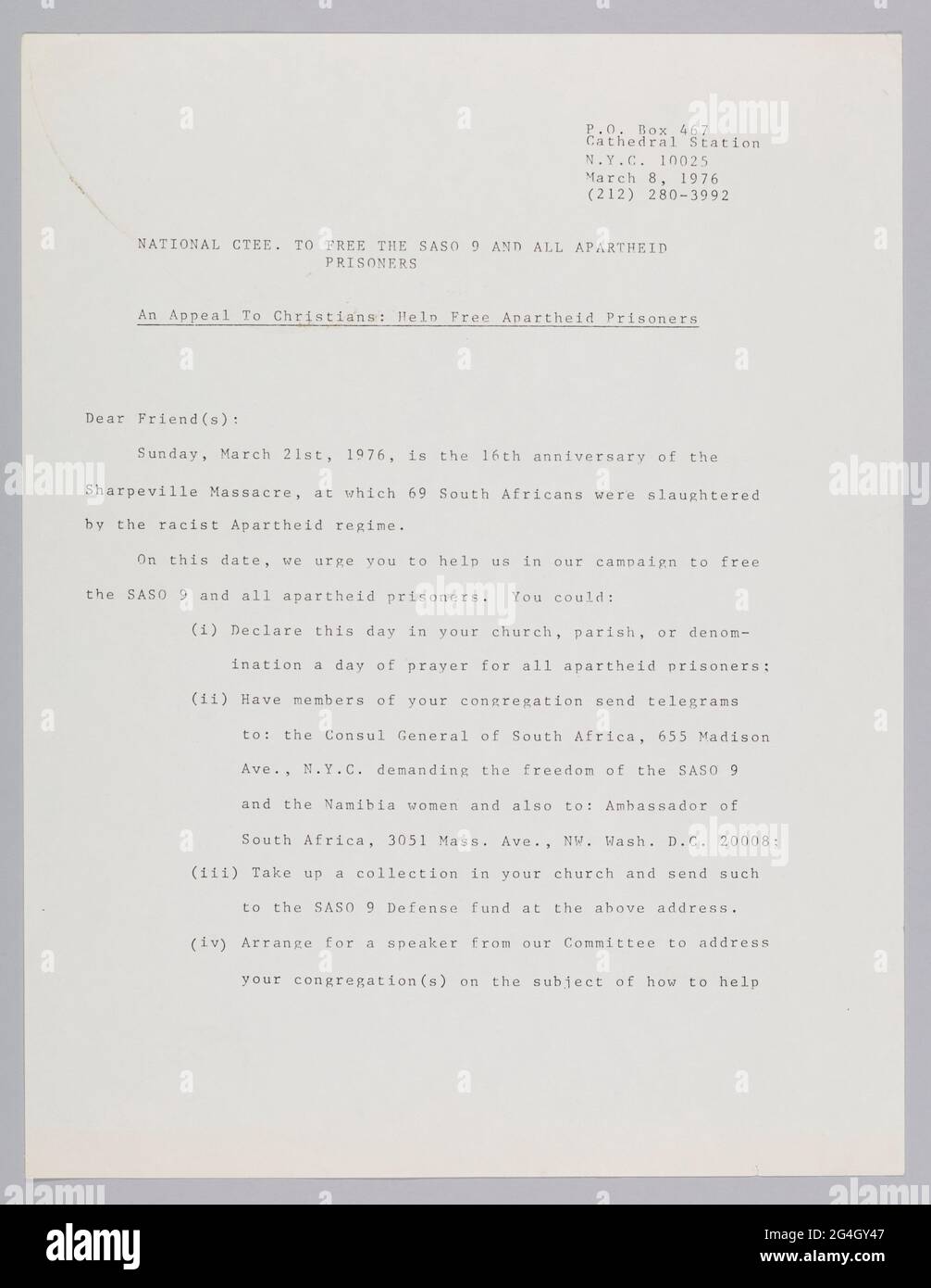 This letter from the National Committee to Free the SASO 9 appeals to ...