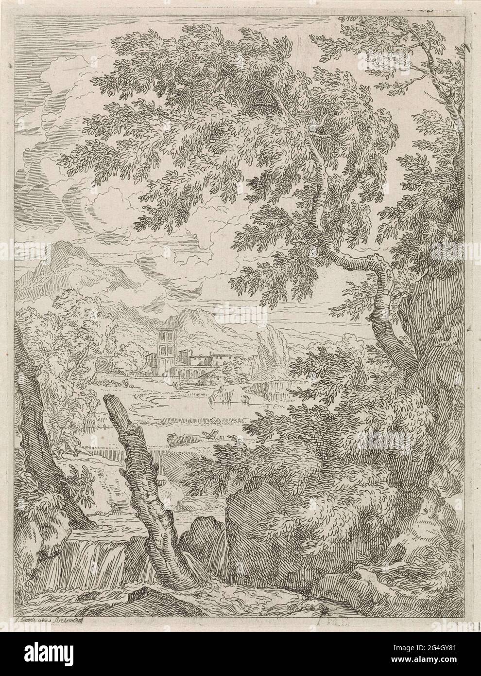 . A river flows into a small waterfall. With a tree stump in the middle ...