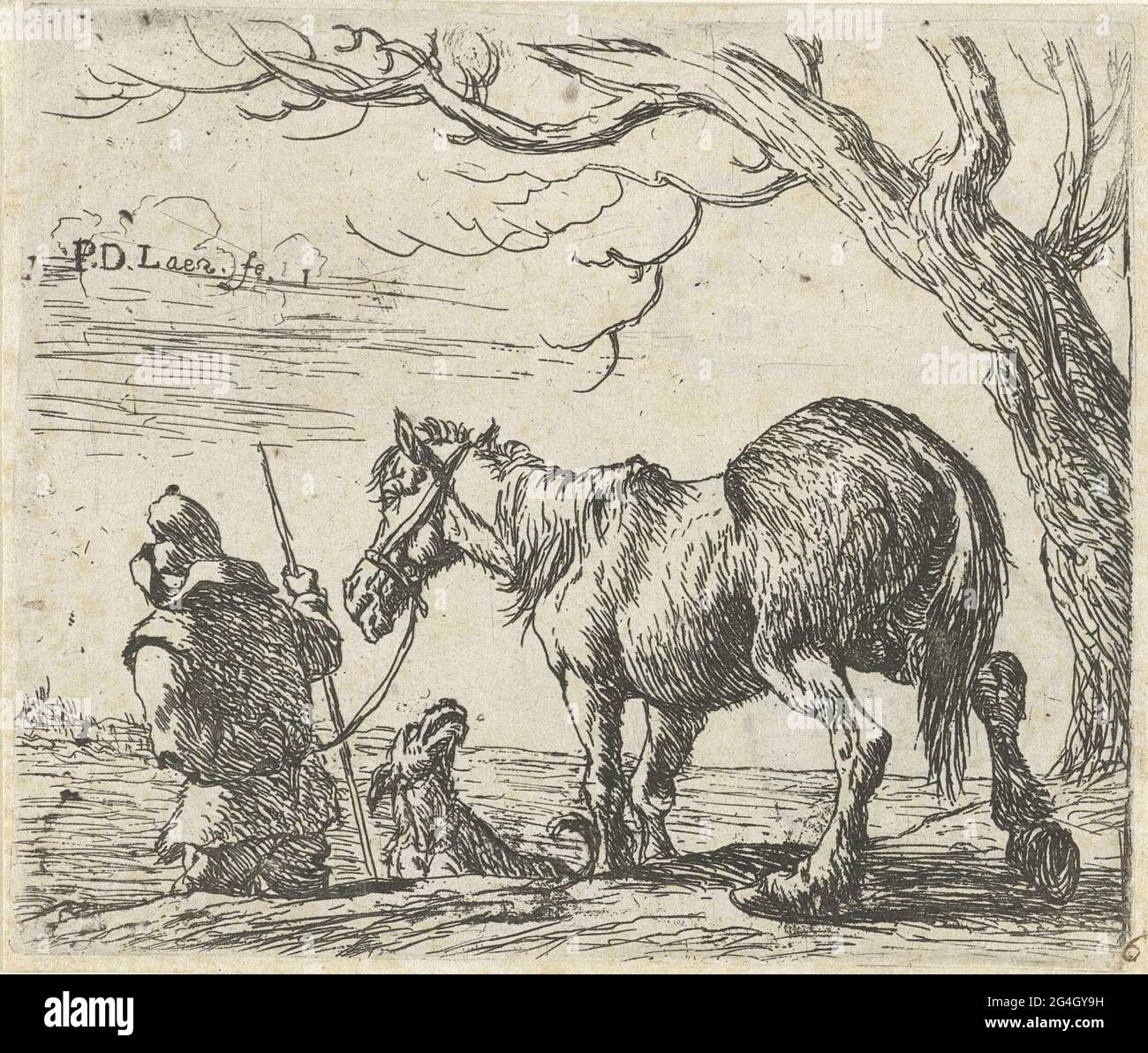 . A farmer leads his horse, a barking dog in the middle. The print is ...