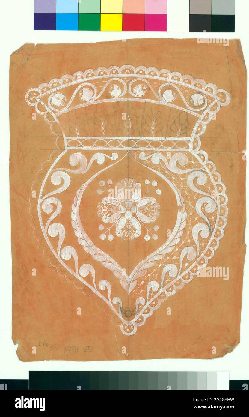 . Lace design with a motif of a drop-shaped bag in white ink on orange ...