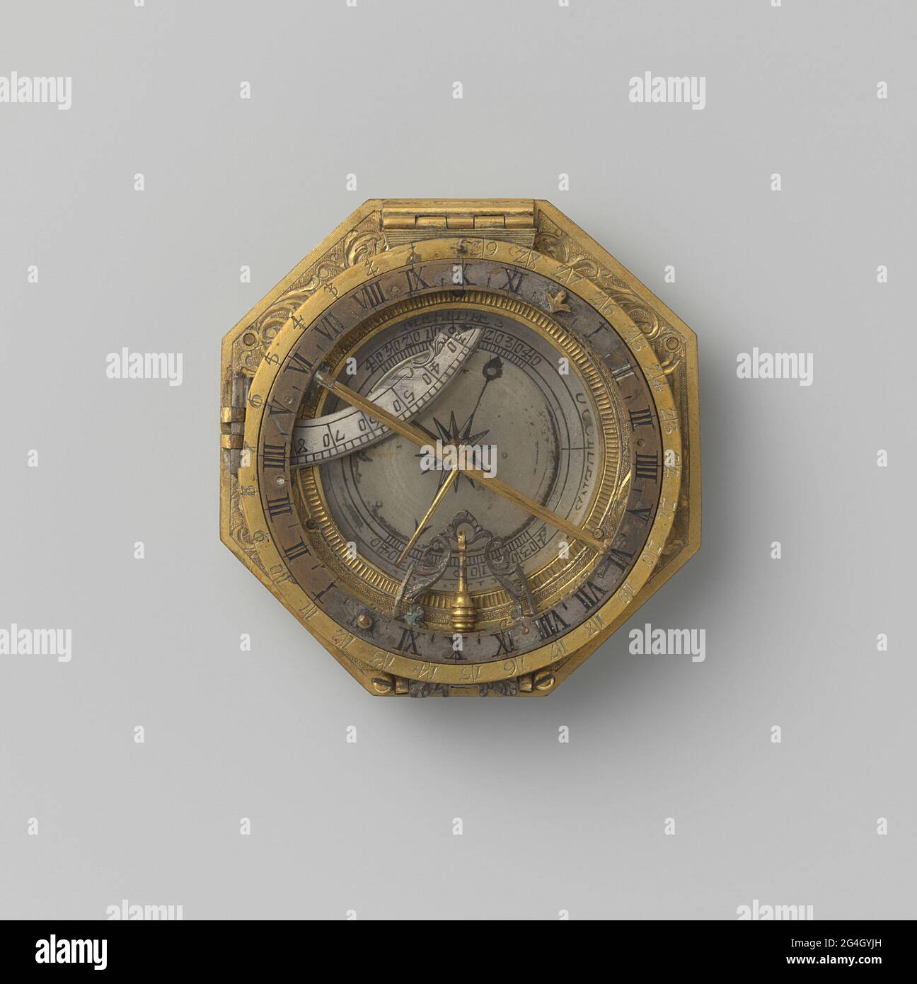 Astrolabium. Compass sundial of brass and iron eight-sided on 3 legs ...