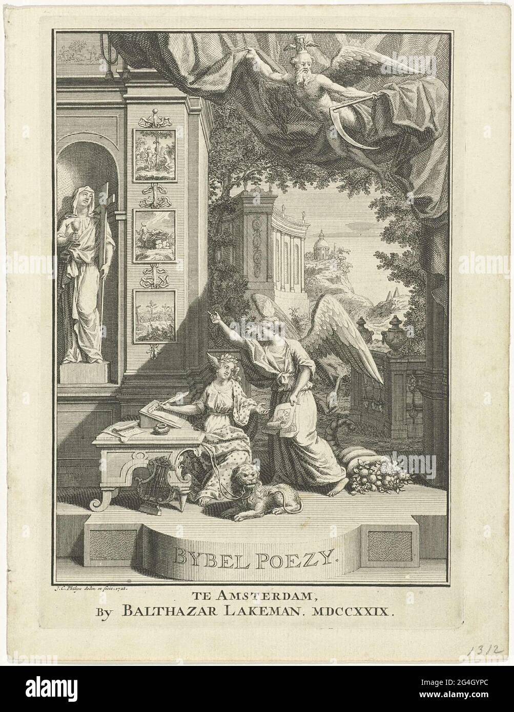 . An angel points poetry on a statue of faith (fides) in a niche. Above ...