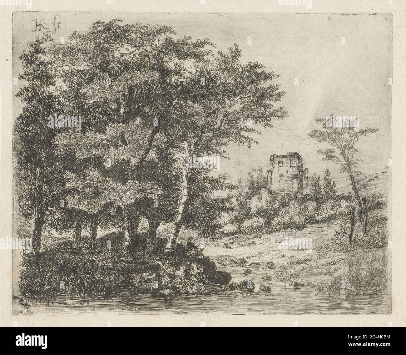 . View of a landscape with a stream, ruin. In the water is a tree ...