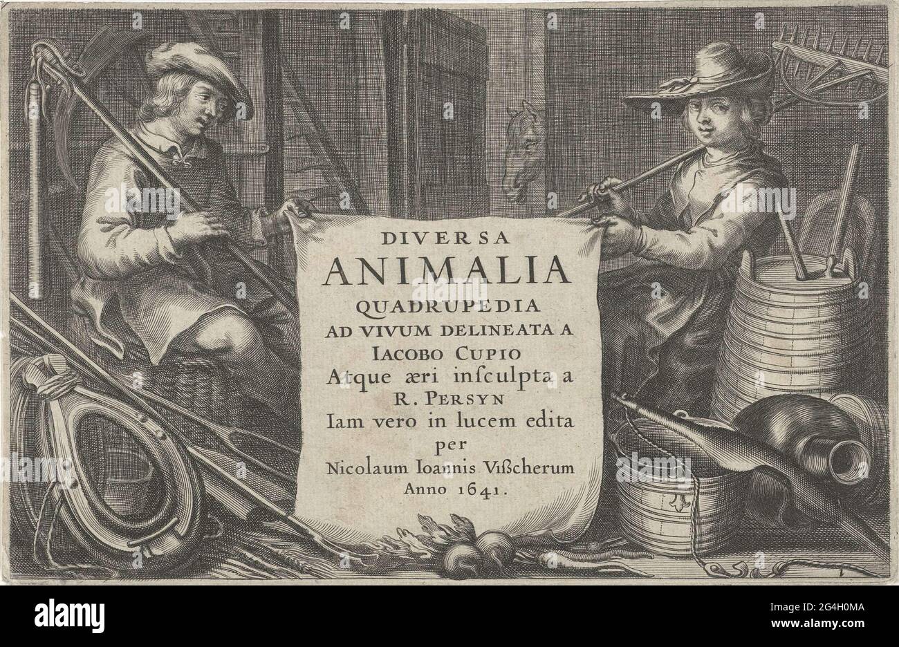 . A horse stable with a farmer and peasant woman surrounded by ...