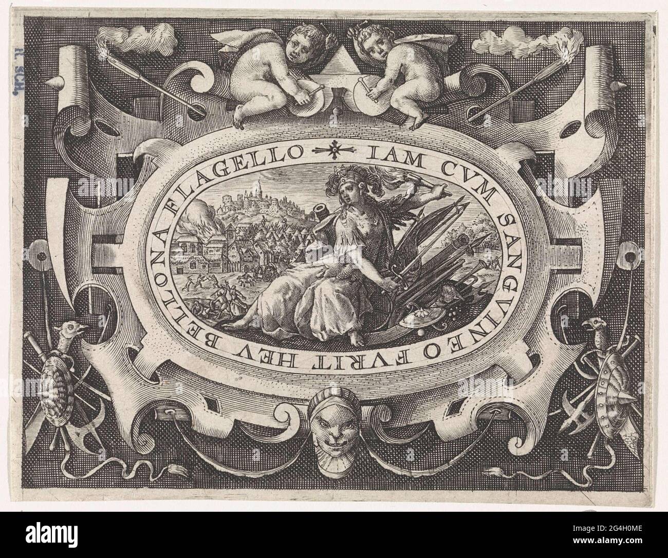 . War female personification, with a burning torch. She is in the midst ...