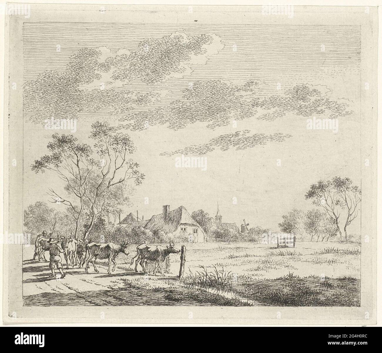 . Landscape with farm and pasture. On the left a path with two farmers ...