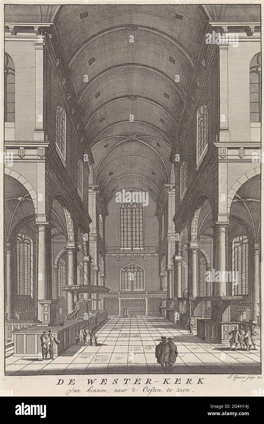 . The eastern interior of the Westerkerk. In the foreground churchgoers ...