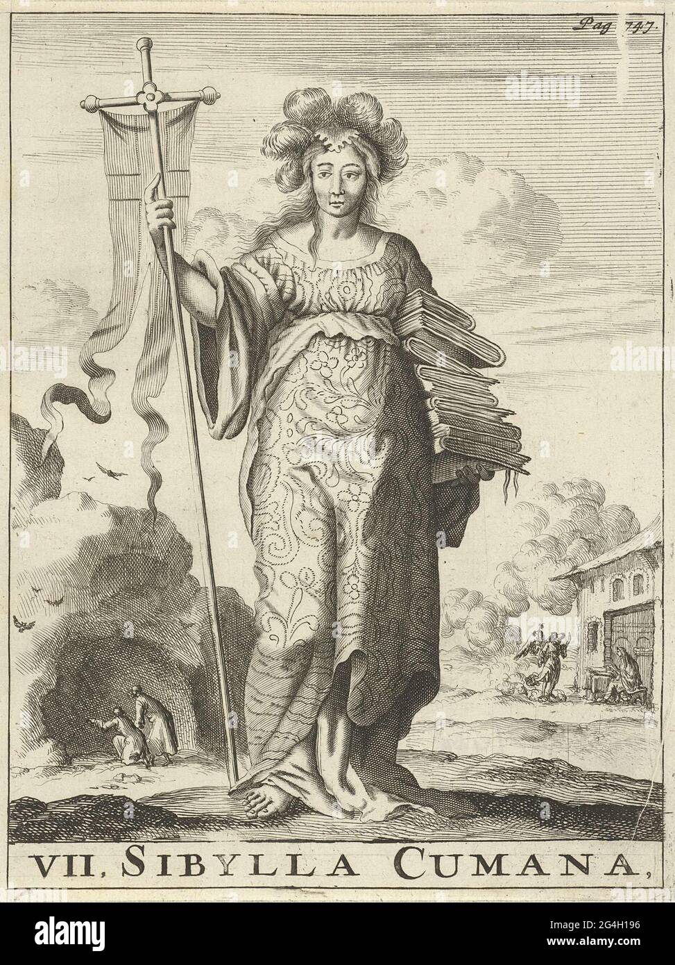 . Sibille from Cumae. In the background two men for the entrance to a ...