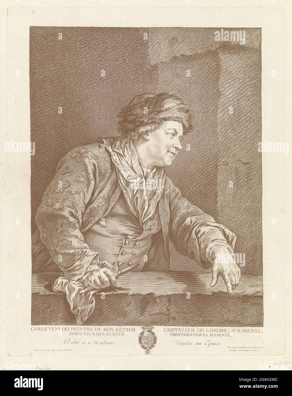 . Portrait of artist Carle van Loo, half behind balustrade, fur hat on ...