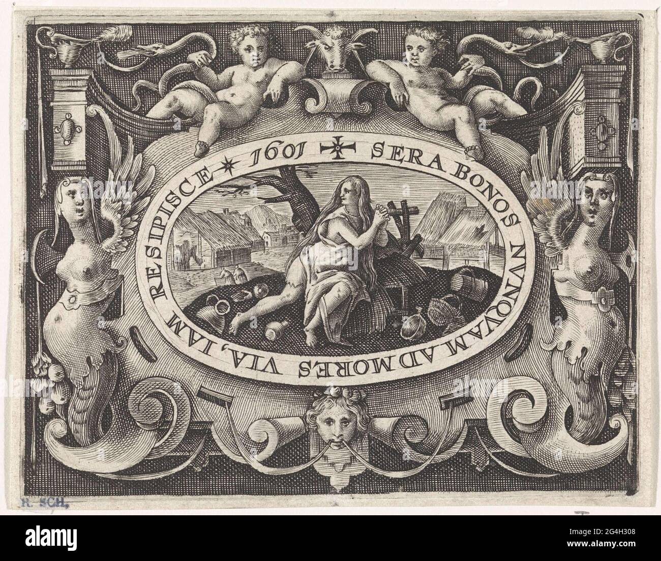 . Poverty female personification, with a torn robe. Some household ...