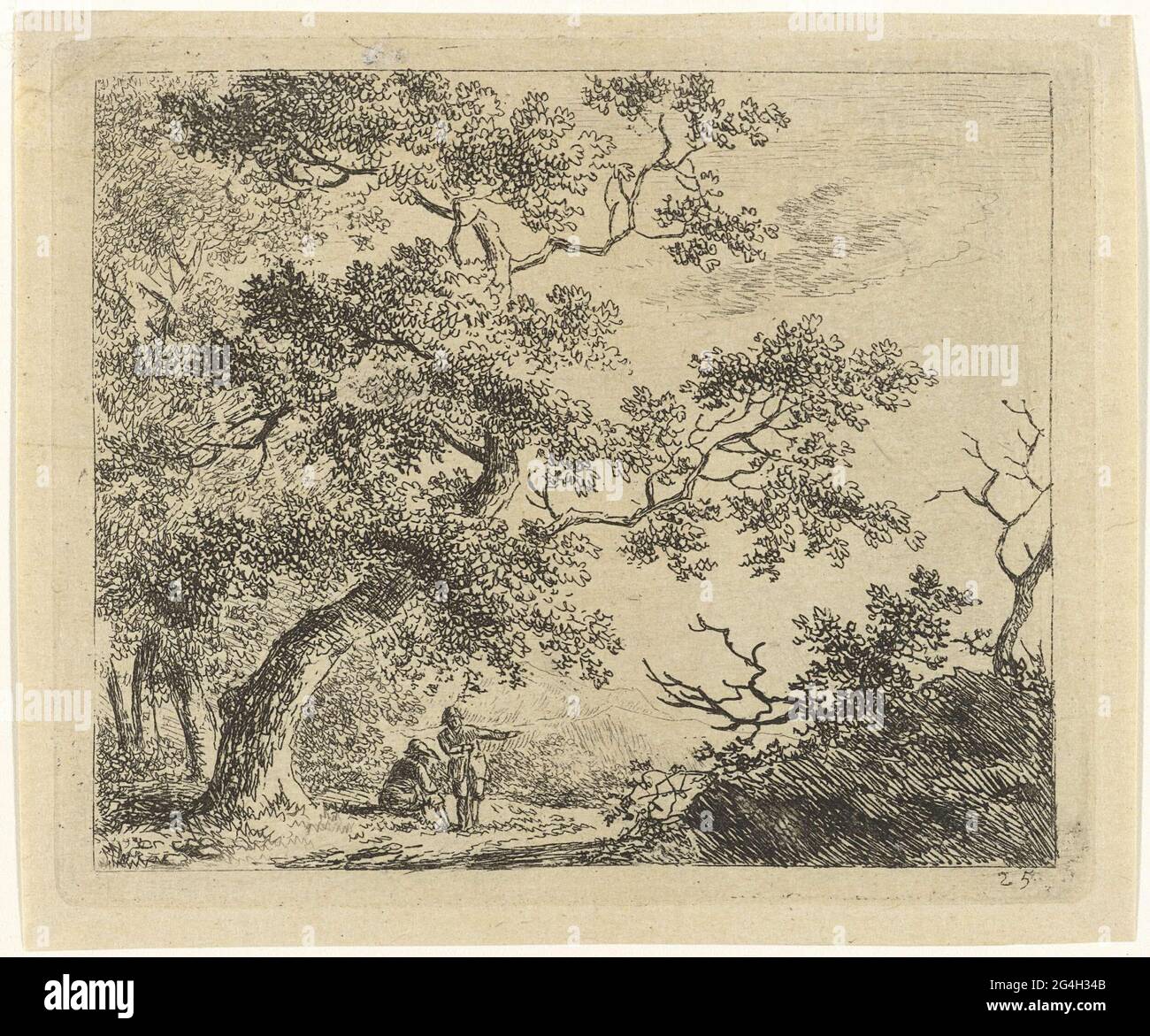 . Forest landscape with two figures under a tree, one of whom sitting ...