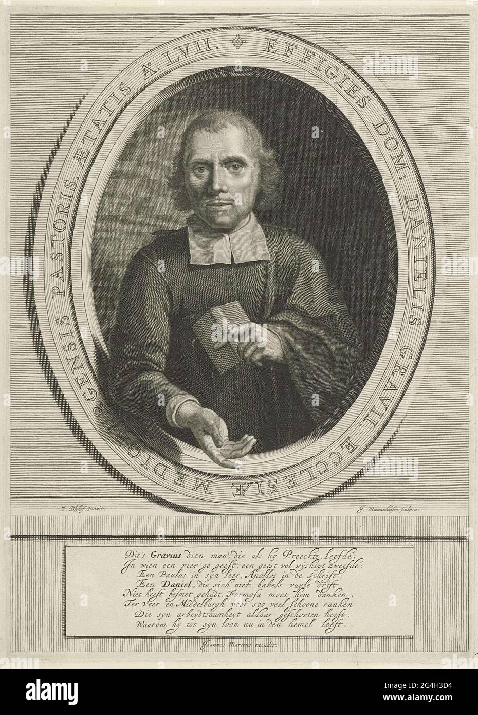 . Portrait of Daniël Gravius, pastor in Middelburg, with a Bible in his ...