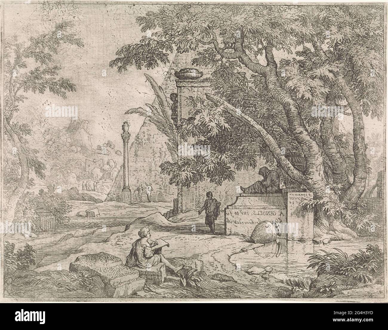 . Arcadian landscape with classical ruins. In the foreground an artist ...