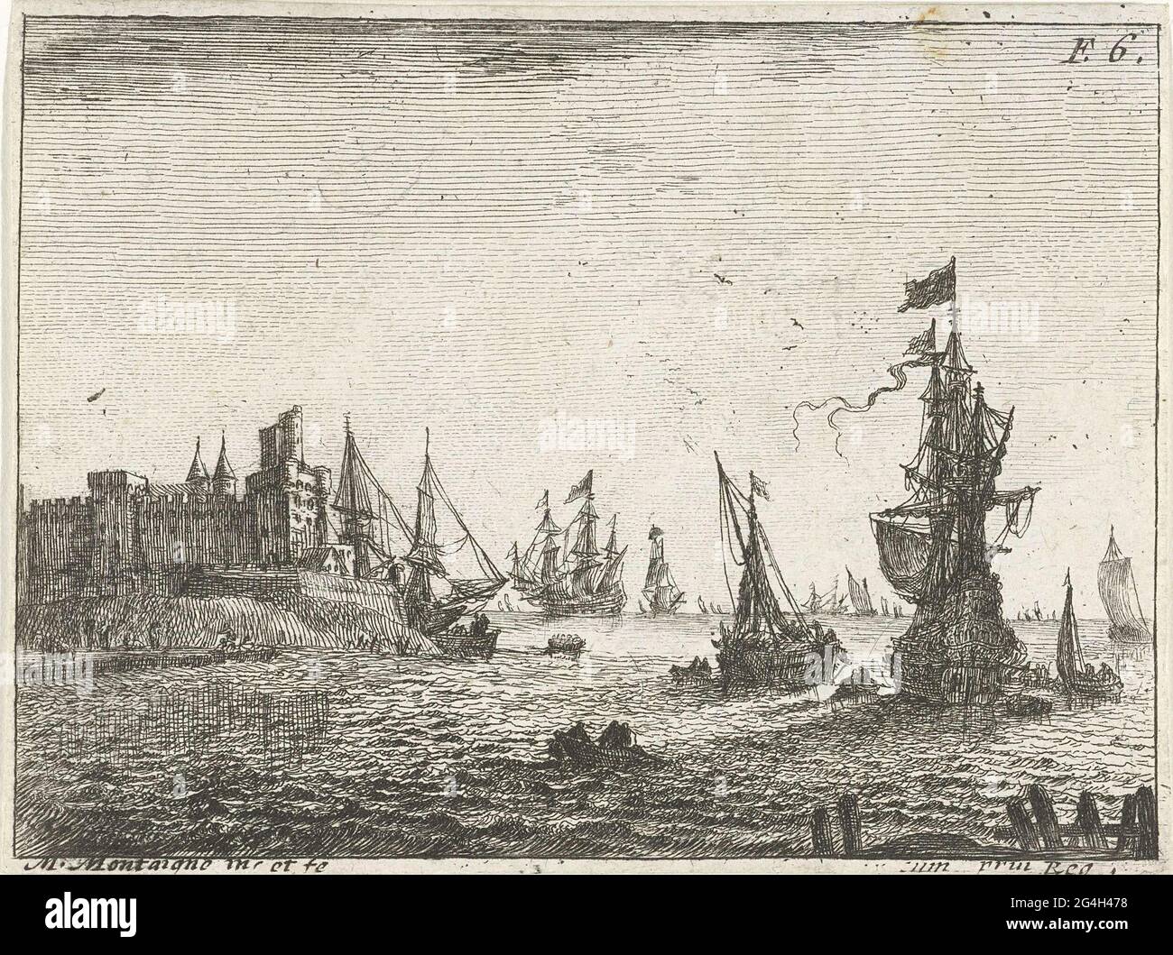 . View of a seaport with a fort. Below labeled: F.6 Stock Photo - Alamy