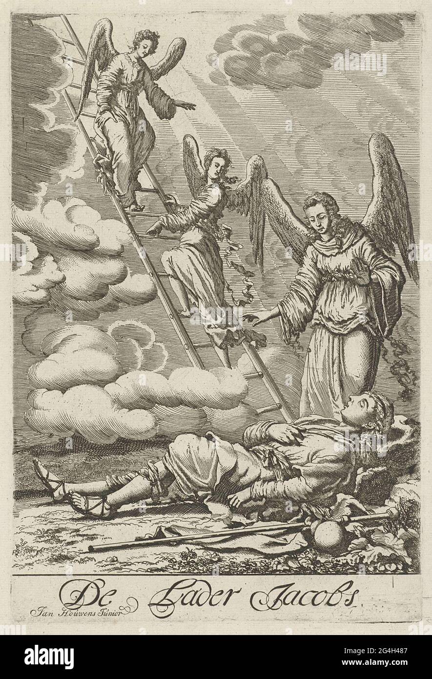 . Four angels descend via a ladder from heaven, in the foreground Jacob ...