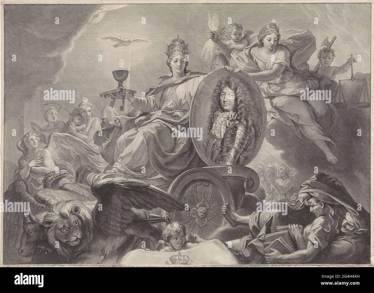 . Upper part of an allegory on the rule of King Louis XIV. The personification of the Catholic ...