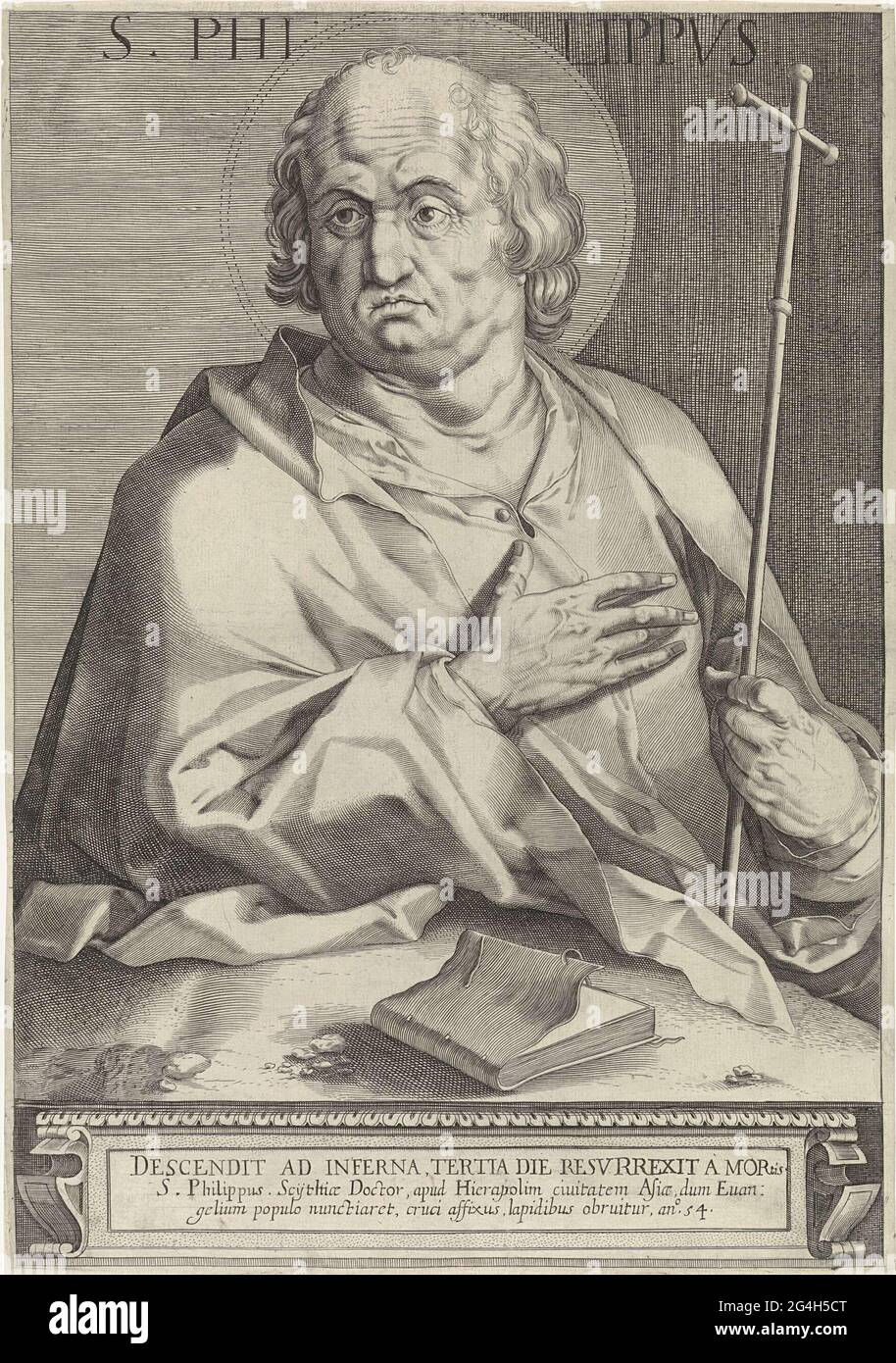 . The apostle Philip with a cross strand in hand. He holds his right ...