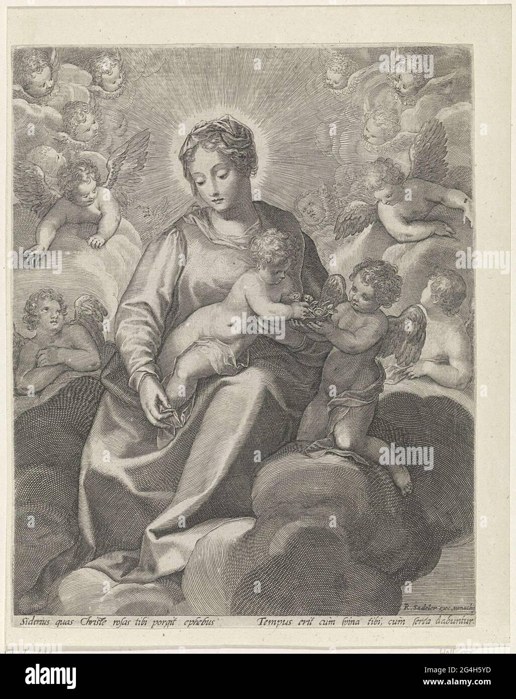 . In the clouds the virgin Mary with the Christ child. An angel brings ...