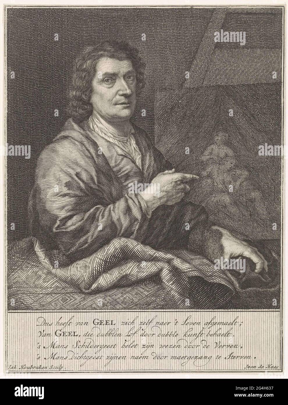 . Portrait in half towards the right of painter Joost van Geel behind a ...