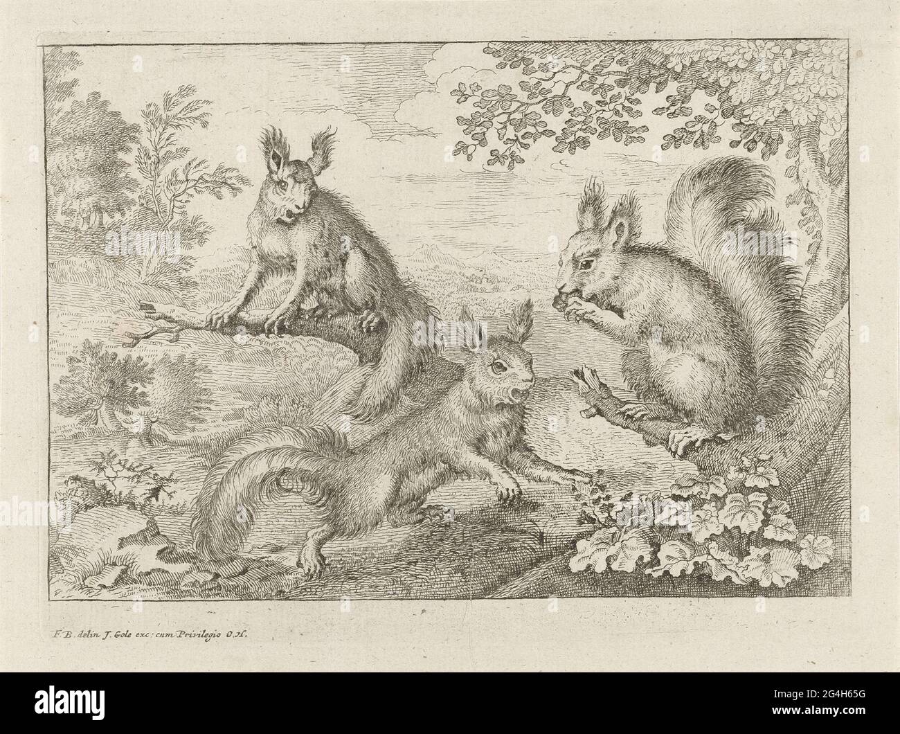 . A landscape with three squirrels in the foreground. The print is part ...