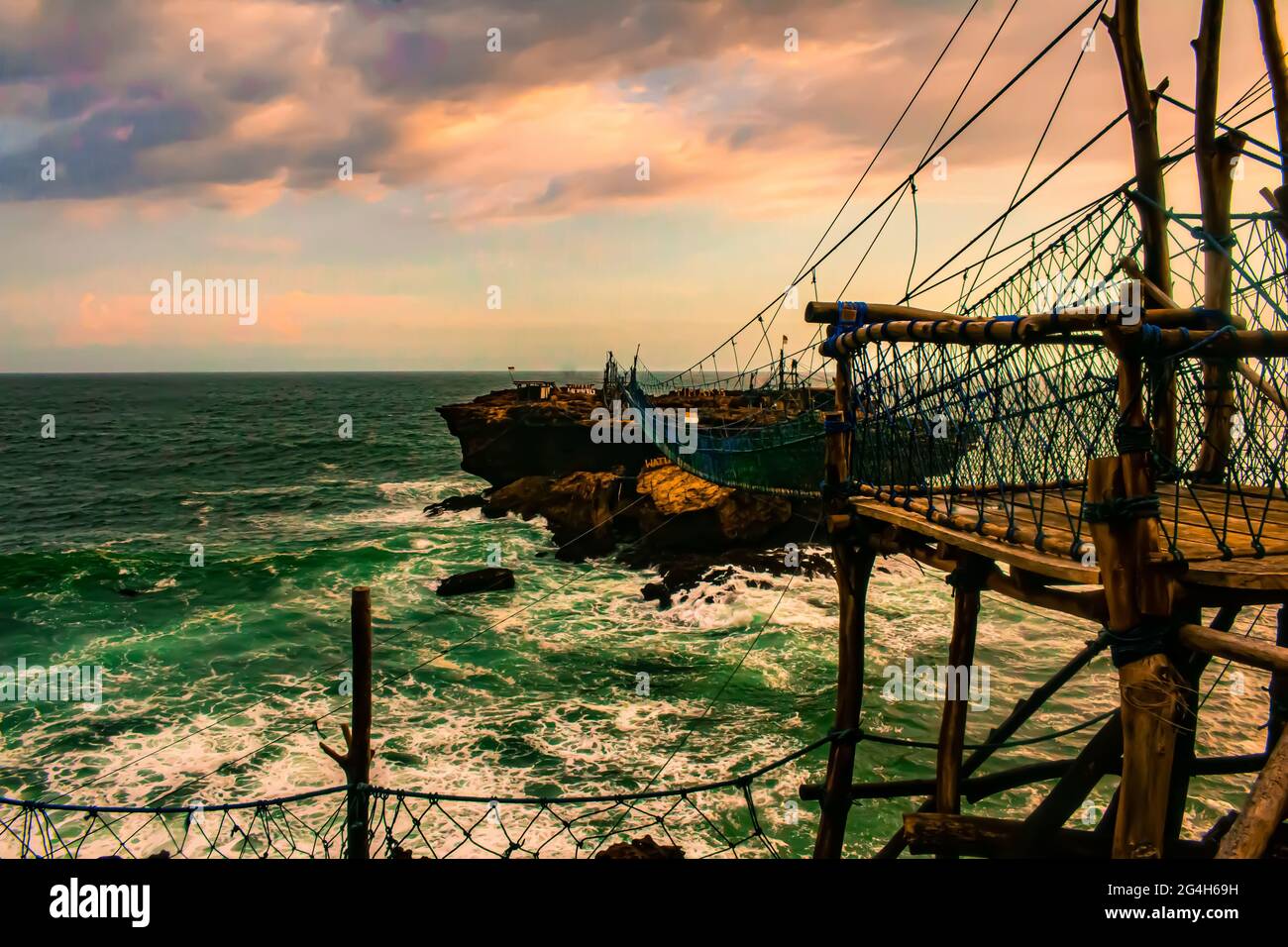 Challenge on swinging rope foot bridge and cable car to a rock island ...