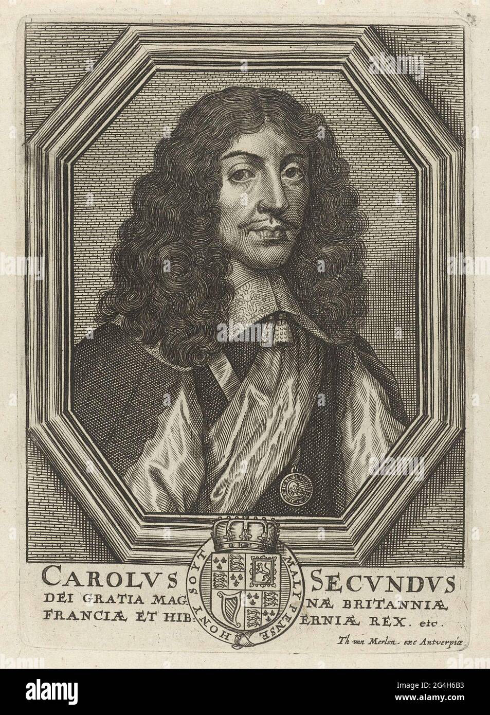 . Portrait of Karel II, king of England. In the middle of the margin ...