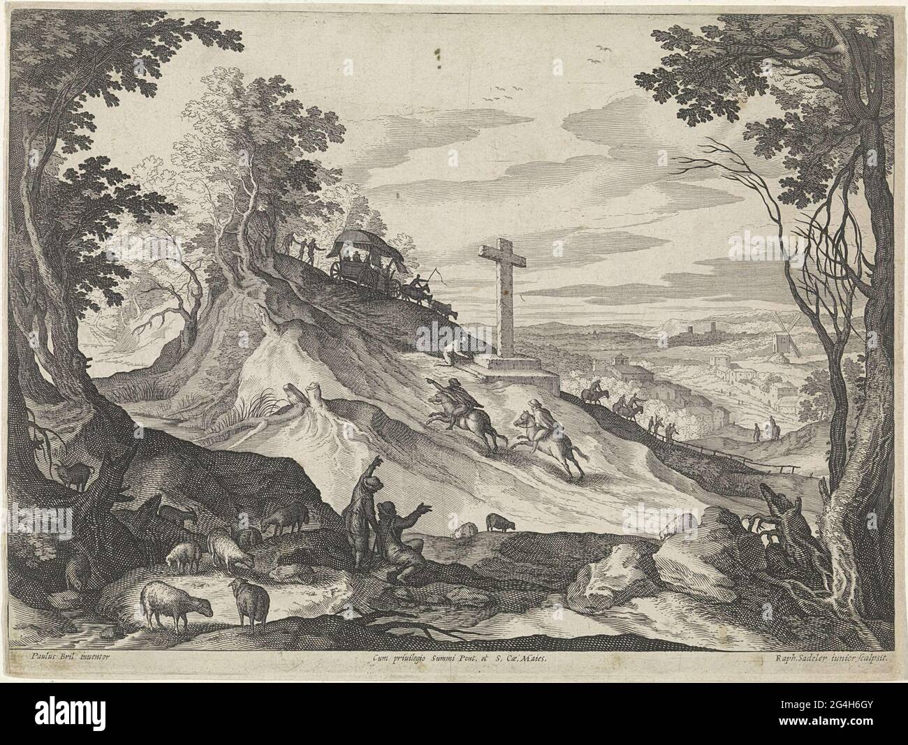 . Forest landscape with some shepherds with sheep in the foreground. A ...