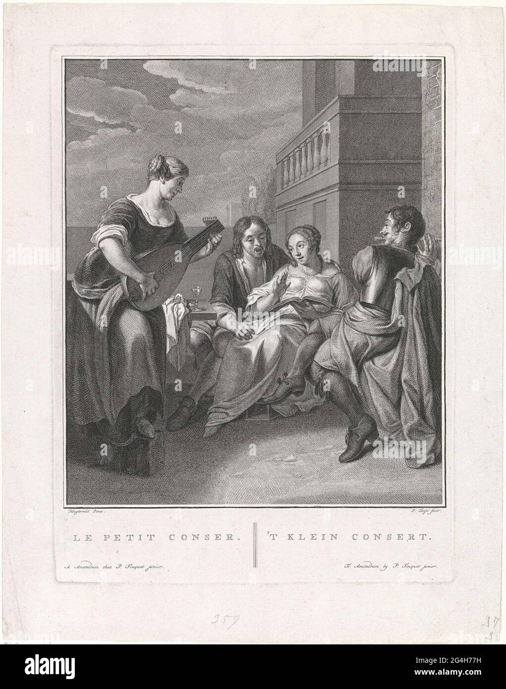 . Four people make music on a terrace in the open air. The woman on the ...