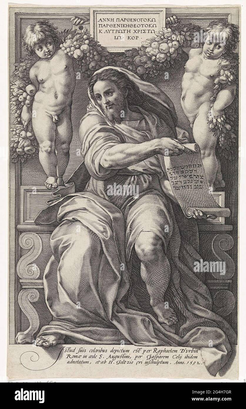 . The prophet Isaiah, a scroll with Hebrew text in the hands. Left and ...