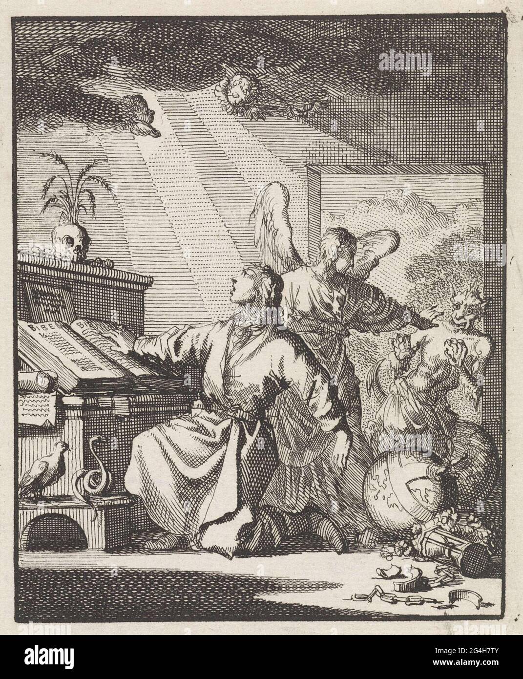 . A man kneeling kneeling a bible on a desk. Light shines from heaven ...