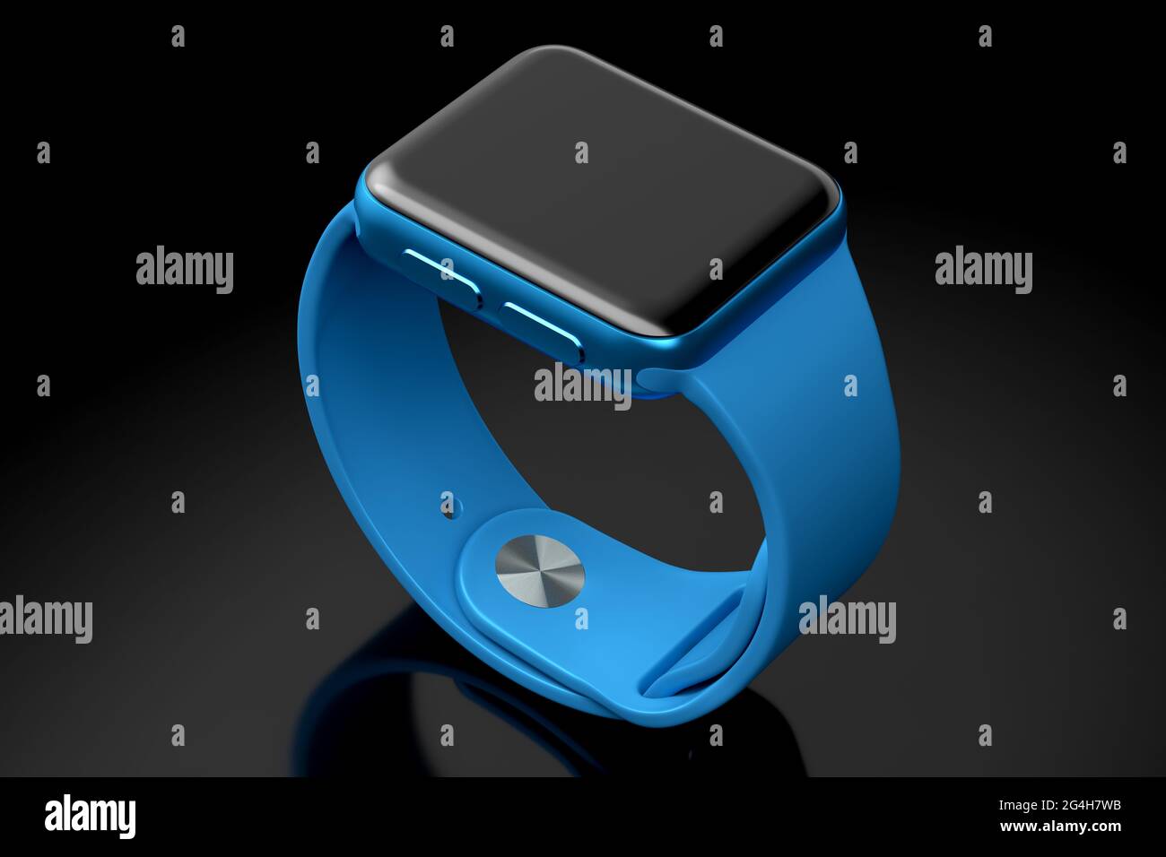 Stainless smart watch with blue leather strap isolated on black ...