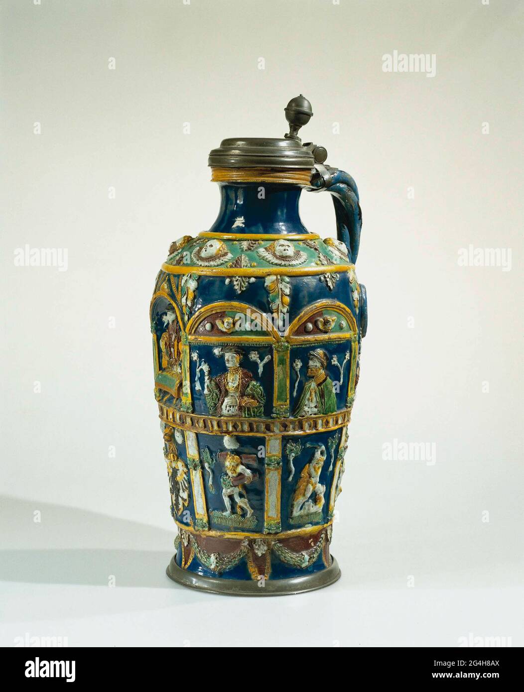 . High jug of lead glazing pottery, with a pewter hinged lid. The jug ...