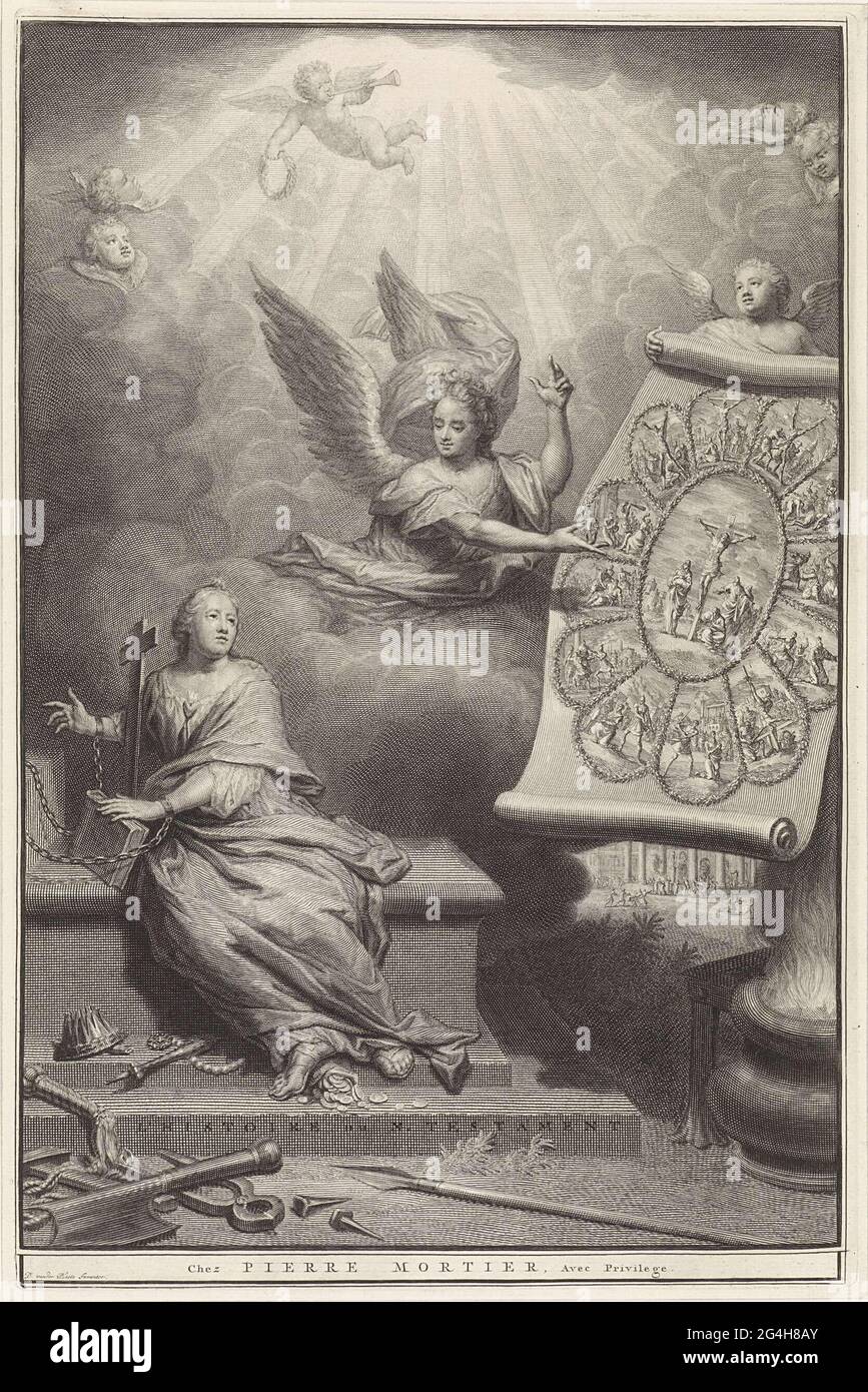 . The personification of faith is chained to the ground. In her hands a ...